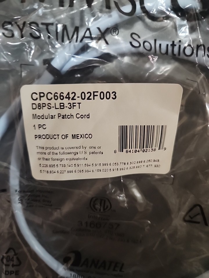 Commscope Systimax D8PS-LB-3FT Modular Patch Cord Cable CPC6642-02F003 ...