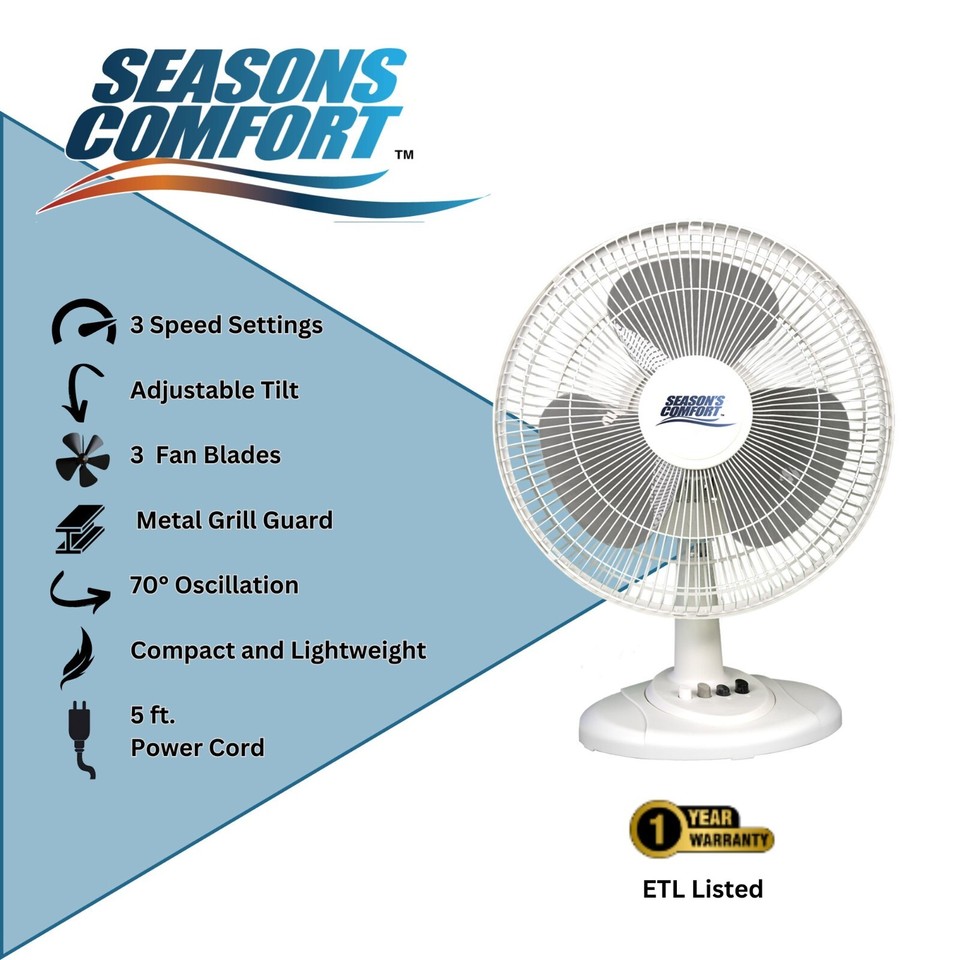 Seasons Comfort 12 Inch Tabletop Oscillating Fan, 3 Speeds, Adj Tilt ...