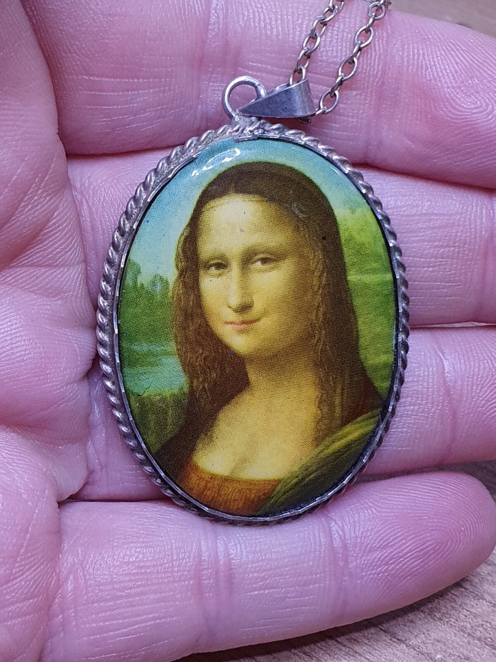 VINTAGE 925 STERLING SILVER MONA LISA PORTRAIT PENDANT & CHAIN NECKLACE ...