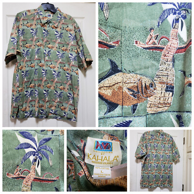 Kahala Shirt Mens Large Green Hawaiian Fish Boat Island Tribal Fishing ...
