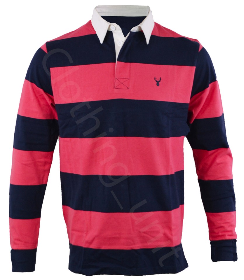 Mens Long Sleeve Rugby Polo Button Shirt Collared Striped Top Cotton M ...