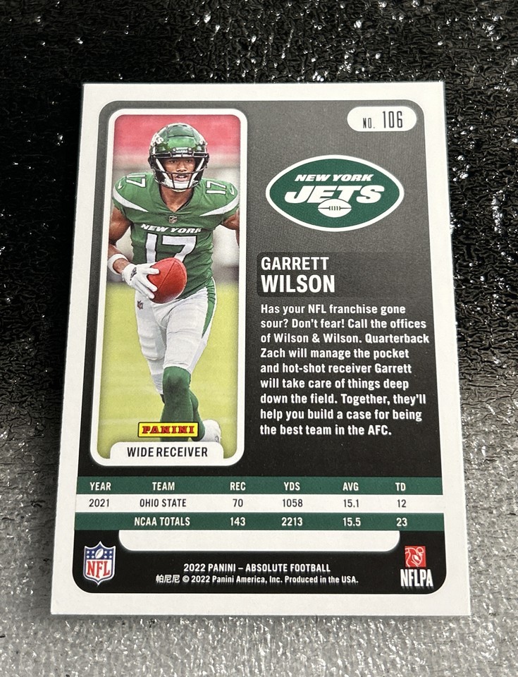 2022 Panini Absolute Football Garrett Wilson Rookie Card RC #106 NY ...
