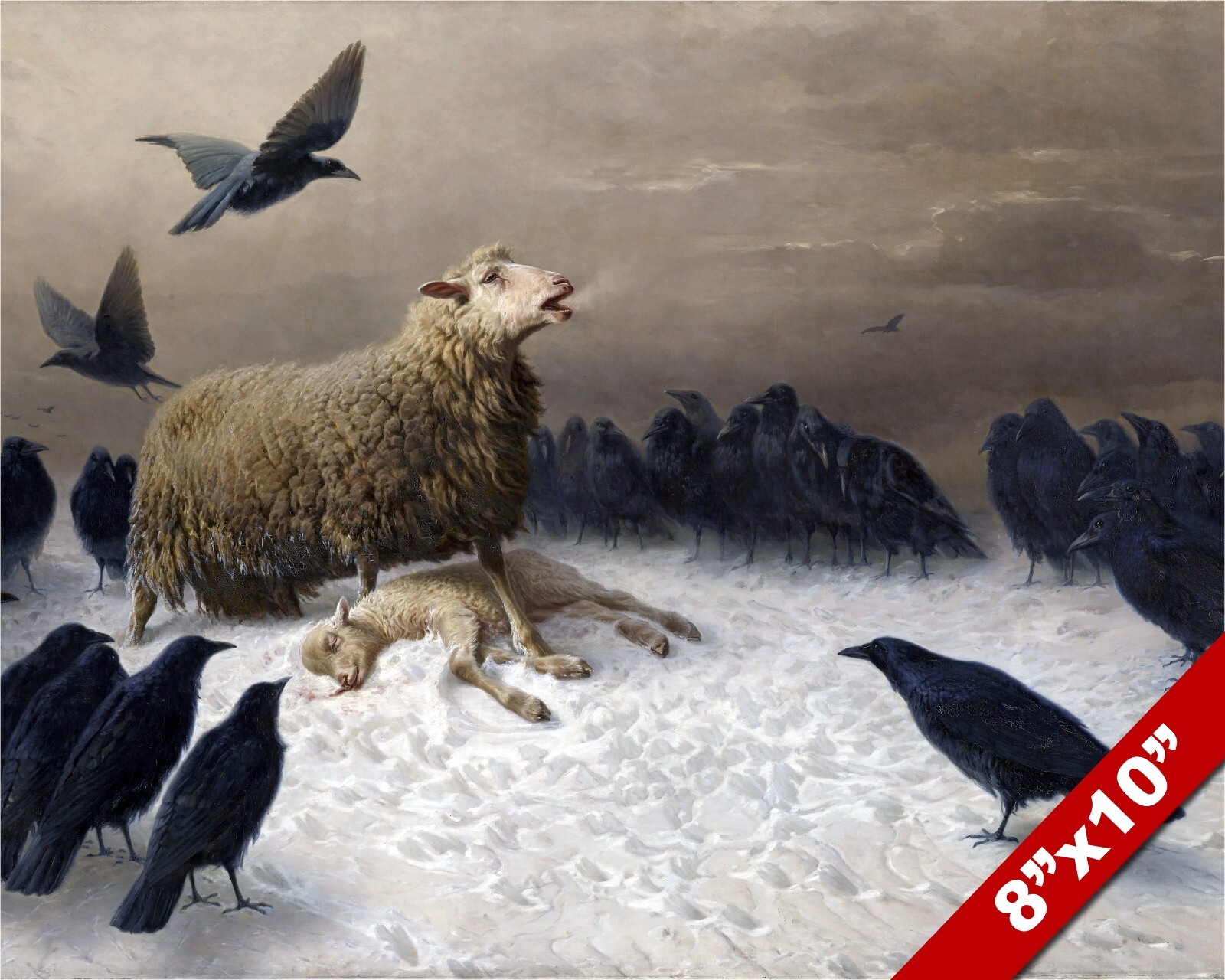 EWE IN ANGUISH LAMENTING DEATH OF BABY SHEEP LAMB PAINTING ART REAL ...