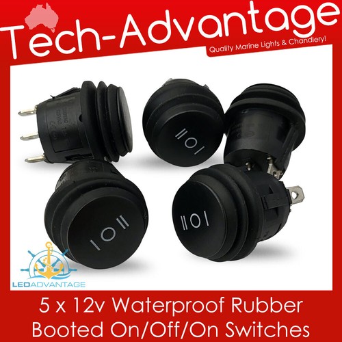 5 x Black Rubber Sealed Waterproof 12v On/Off/On Round Rocker Switches ...