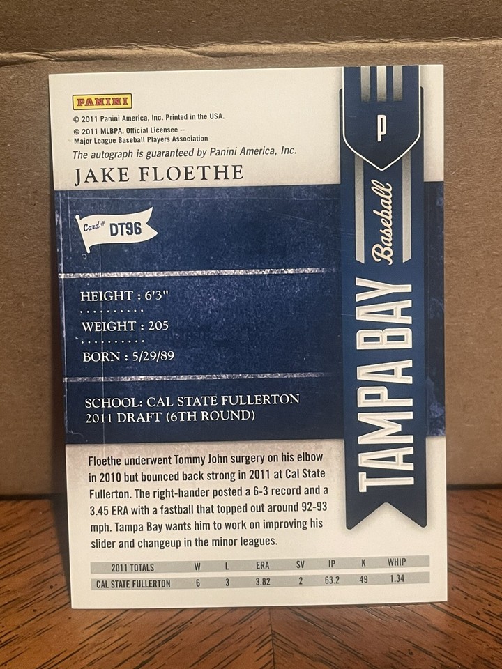 Jake Floethe Signed 2011 Panini Elite Extra Edition Auto Tampa Bay Rays ...