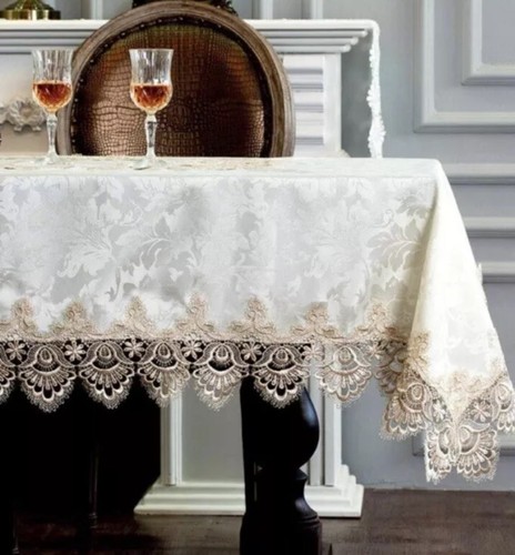 Linen Ivory Tablecloth Farmhouse Wedding Party Rectangular Macrame Lace ...
