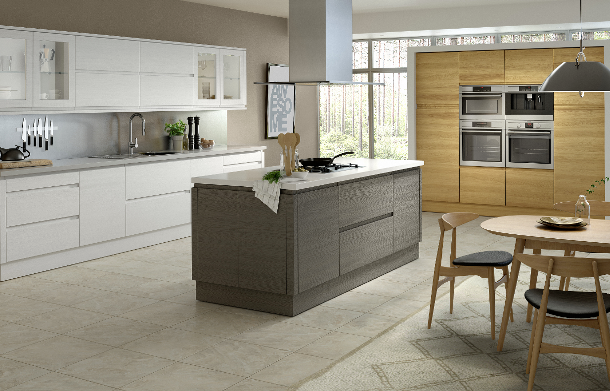 Bare natural wood veneer Handleless J Handle J Pull Kitchen Unit ...