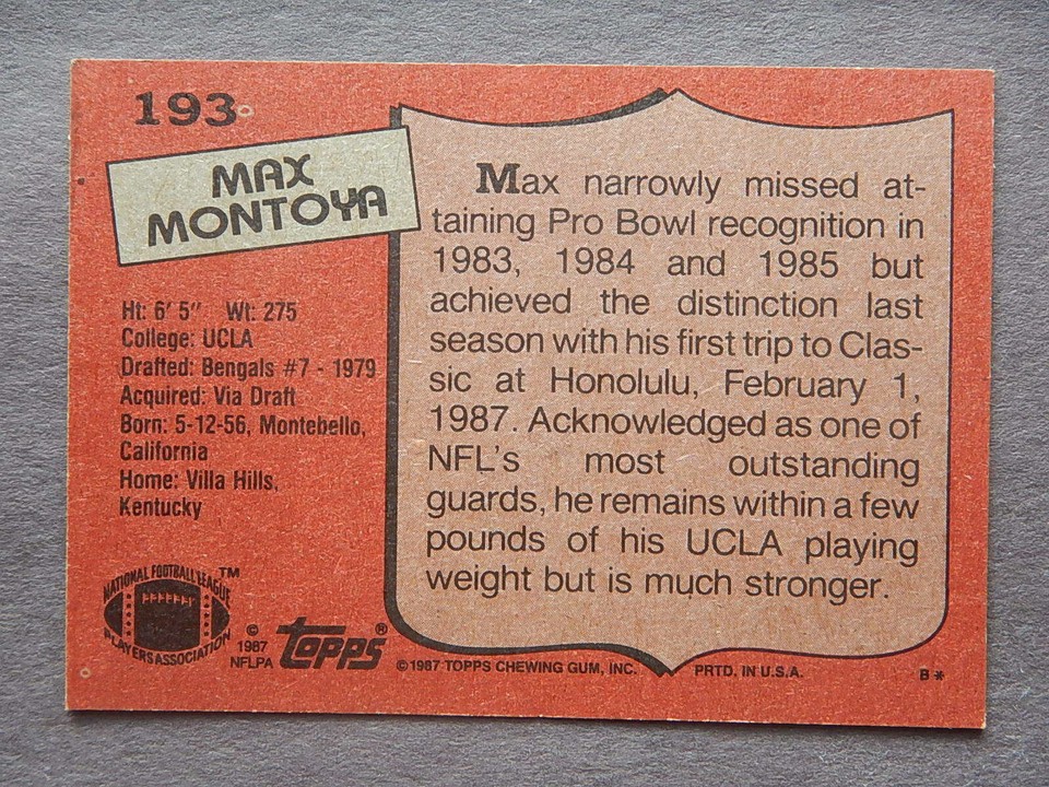 Max Montoya #193 Topps 1987 Football Card (Cincinnati Bengals) VG | eBay