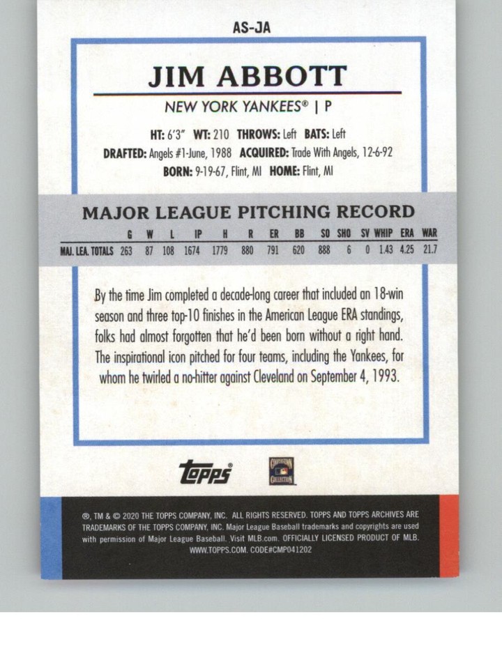 2020 Topps Archives Snapshots Jim Abbott AS-JA New York Yankees | eBay