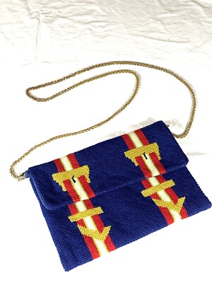 Vintage Preppy Needlepoint Tapestry Clutch Shoulder Bag Gold Chain Navy ...