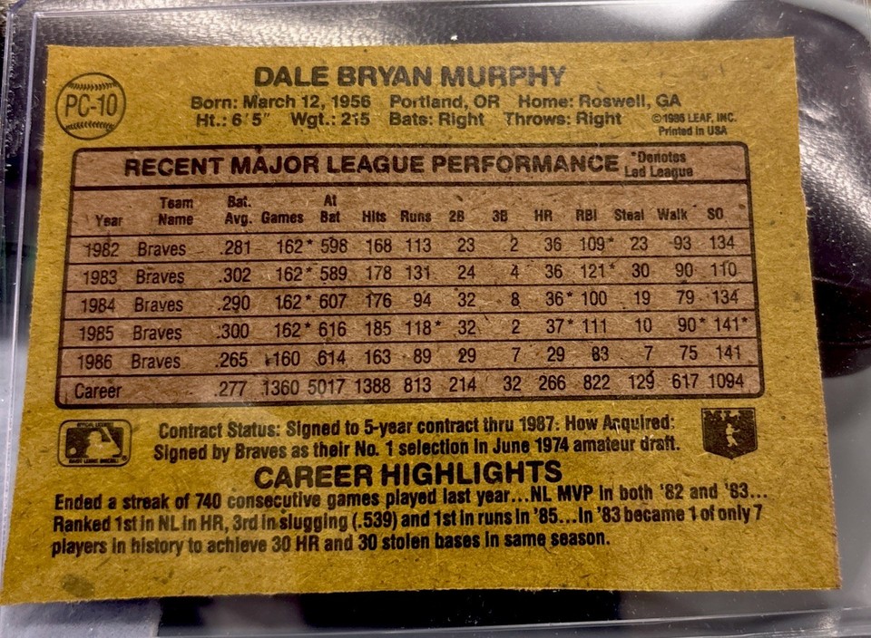 1987 Donruss Box Bottom Dale Murphy #PC-10 | eBay