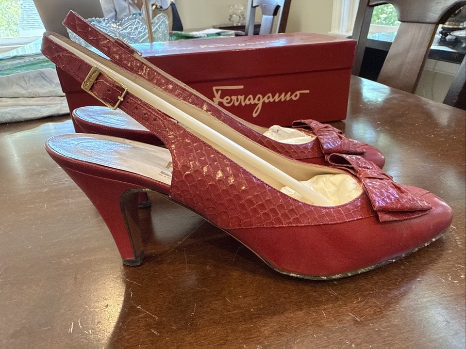 Ferragamo Red Kid Leather Sling back Heels With Bow Detail 6.5 B | eBay