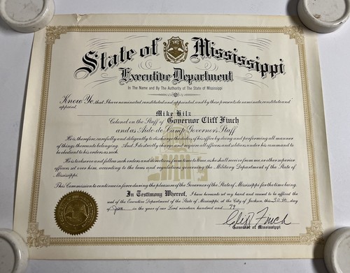 Mississippi 1979 Colonel on Staff of Gov Cliff Finch Appointment ...