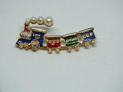 Beautiful Brooch Pin Gold Tone Train Enamel Fx Pearls Rhinestones 2 x 7 ...