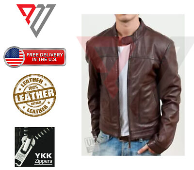 Men's Real Lambskin Soft Brown Leather Classic Slim Fit Motorcycle ...