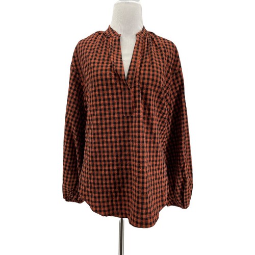 Universal Thread Women's Black Rust Gingham Check Split Neck Blouse ...