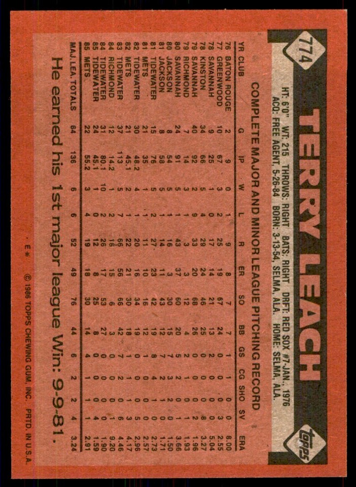 1986 Topps Baseball Card Terry Leach A New York Mets #774 | eBay