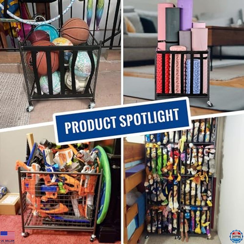 Rolling Sports Ball Storage Cart, Lockable Ball Locker with Elastic ...