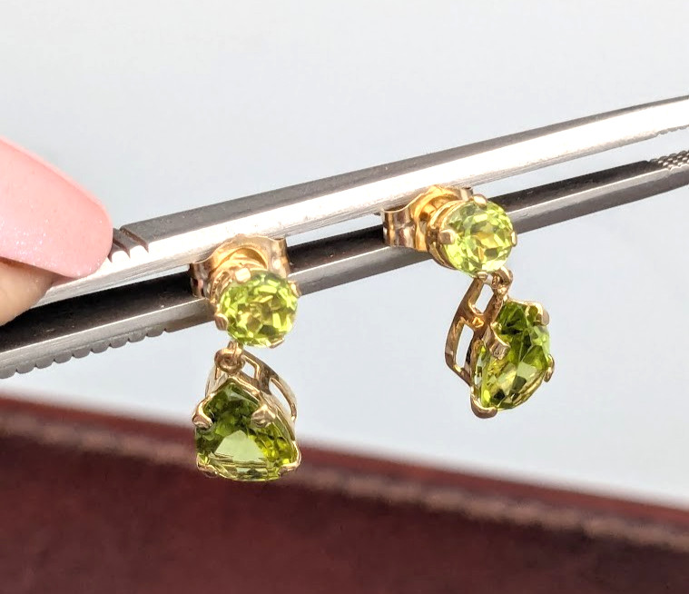 14k Yellow Gold Peridot Teardrop Dangle Drop Stud Ear… - Gem
