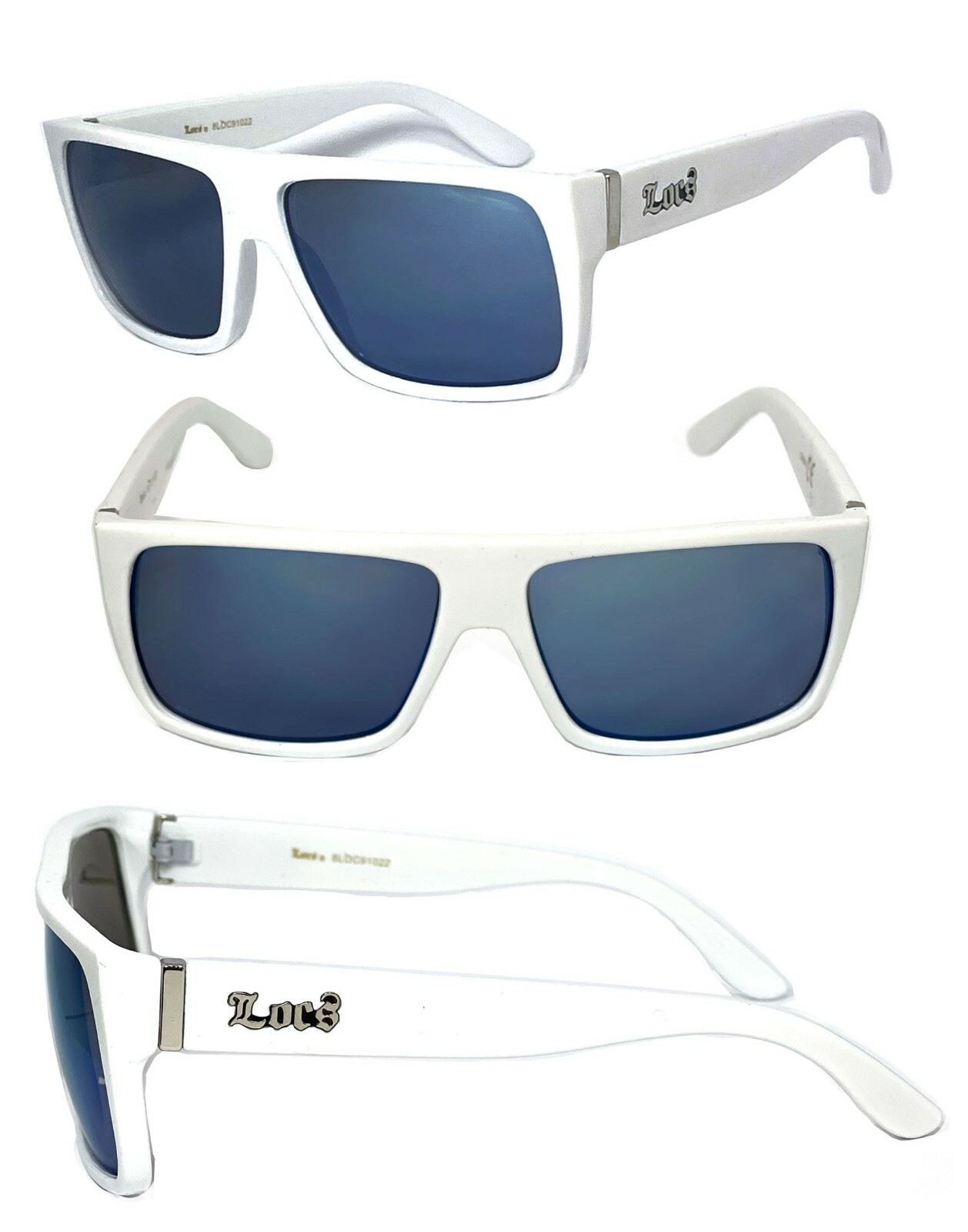 Locs Mens Flat Top Cholo Biker UV400 Sunglasses White Frame Blue Flash ...