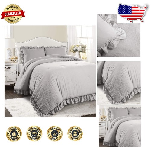 Chic Light Gray Ruffled Comforter Set - King Size 3-Piece Bedding ...