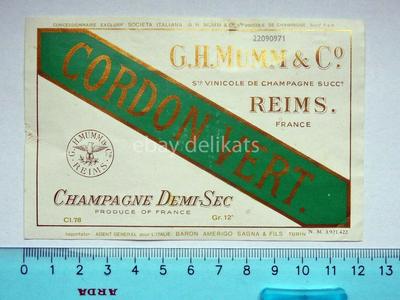 Vecchia etichetta old label vino wine Champagne Mumm Reims Cordon Vert ...