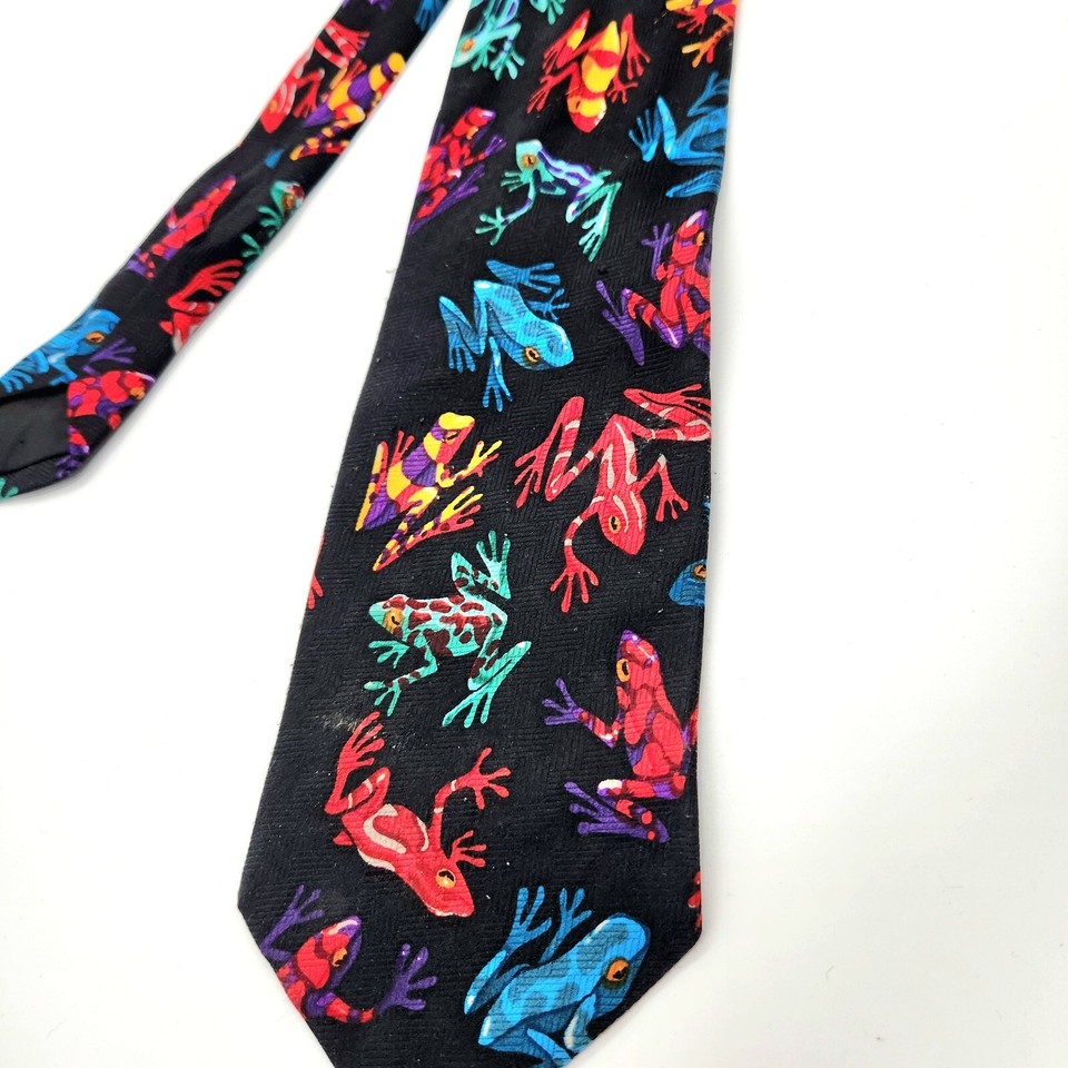 Vtg Addiction Tie Black & Colorful Rainforest Tropical Tree Frogs Men’s ...