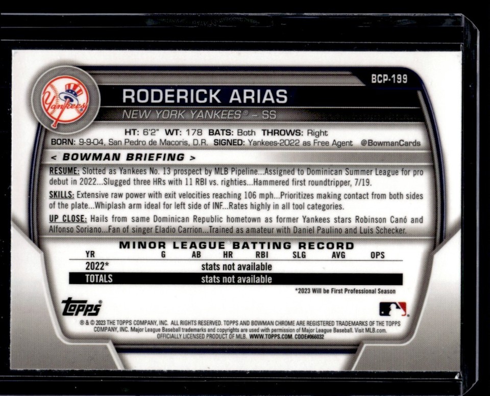 2023 Bowman Chrome Prospects Roderick Arias Mojo New York Yankees #BCP ...