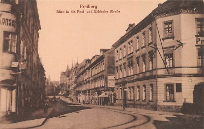 AK Freiberg Blick in die Post- und Erbische Strasse Geschäfte Postkarte ...