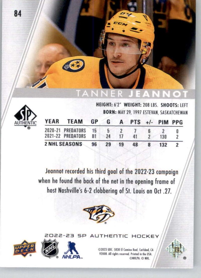 TANNER JEANNOT 2022-23 SP Authentic #84 NHL Predators ID:86029 | eBay