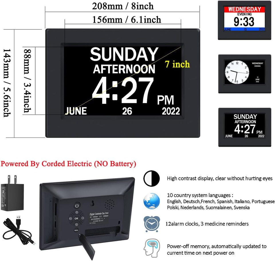 DST Clock with Day and Date for Elderly-3 Display Digital Calendar ...