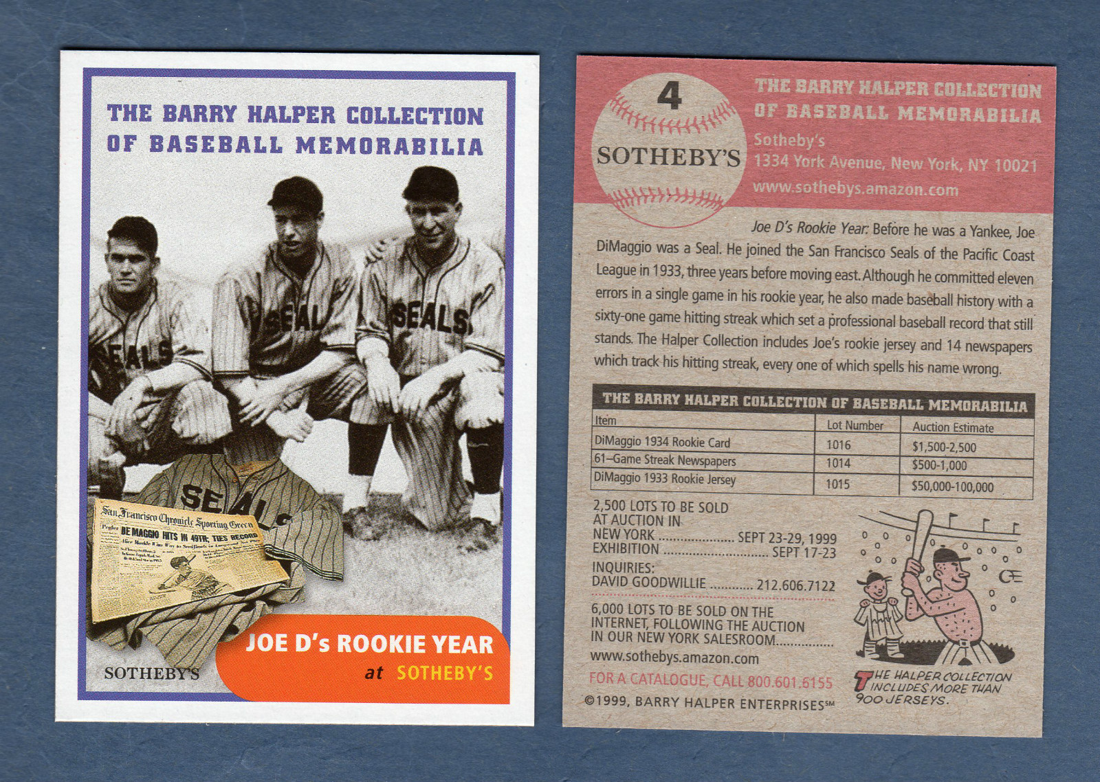 1999 SOTHEBYS Barry Halper: #4 JOE DiMAGGIO, San Francisco Seals ...