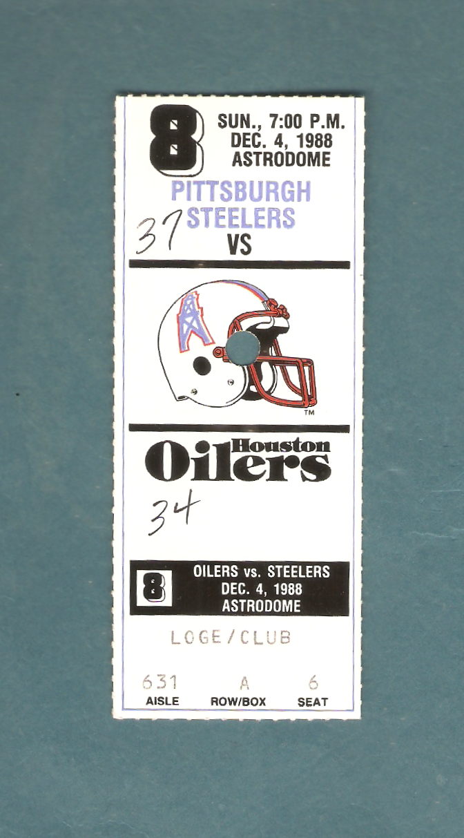 Rare (12-04-1988) Houston Oilers vs Pittsburgh Steelers Football Ticket ...
