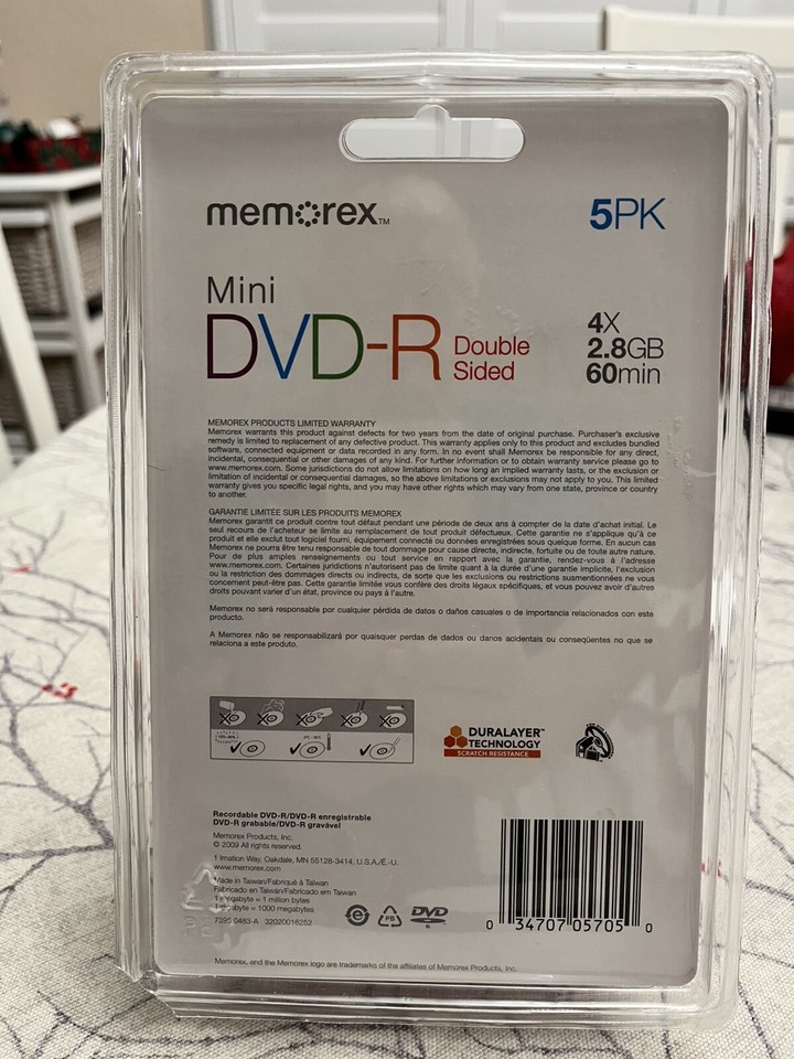 Memorex Blank Mini DVD-R 4x 2.8GB 60min 5PK 5 Pack Brand New Sealed - 2 ...