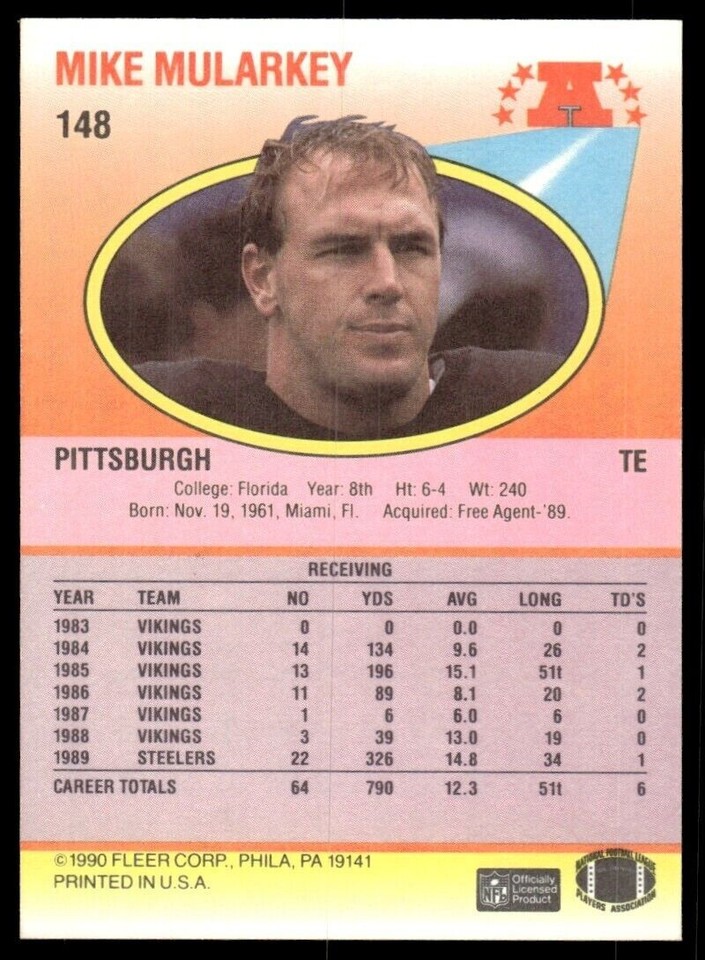 1990 FLEER NFL Football Trading Card #148😎 MIKE MULARKEY, Pittsburgh Steelers🏈 | eBay