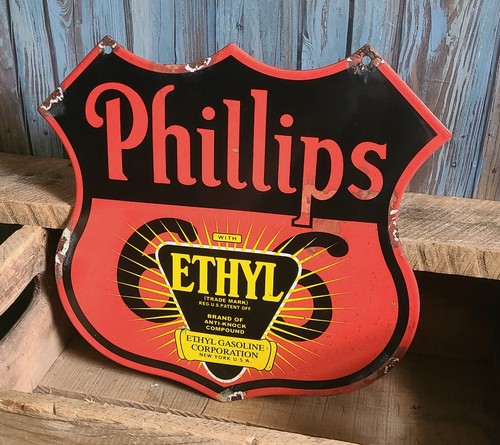 Vintage Phillips 66 Ethyl Gasoline Porcelain Metal Gas Pump Plate ...