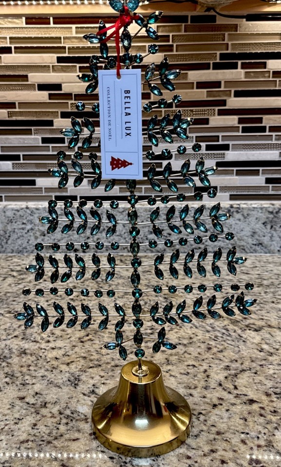 BELLA LUX CHRISTMAS TREE 17”GOLD METAL WIRE EMERALD GREEN RHINESTONE ...