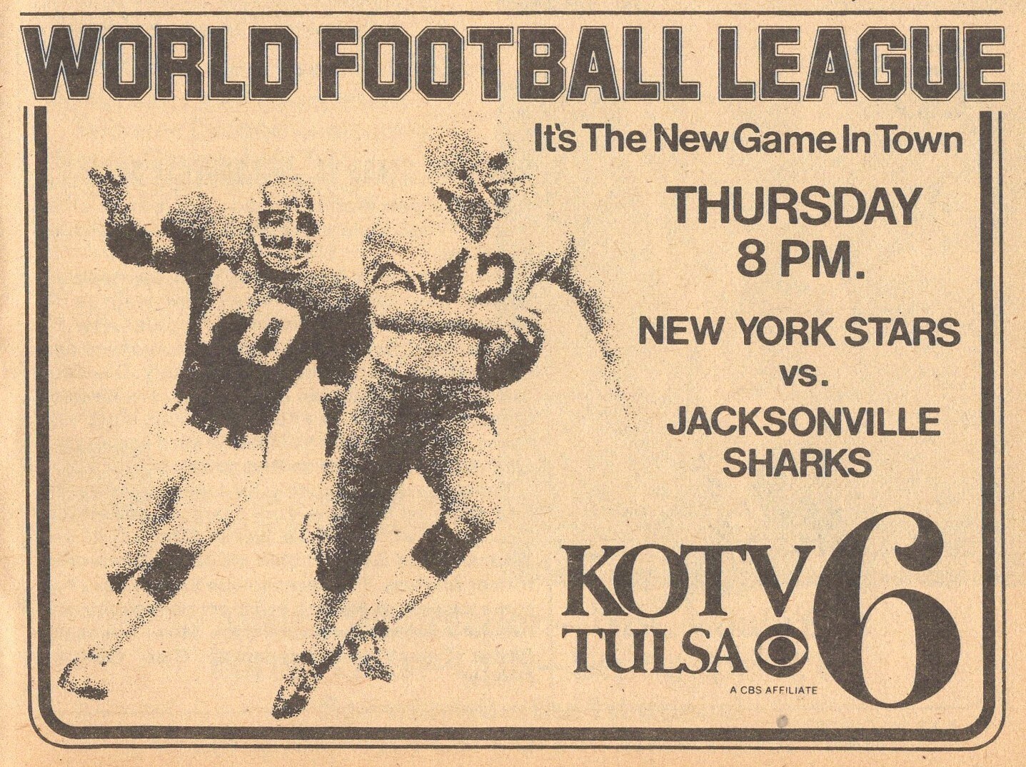 1974 KOTV TV AD NEW YORK STARS VS JACKSONVILLE SHARKS WORLD FOOTBALL ...