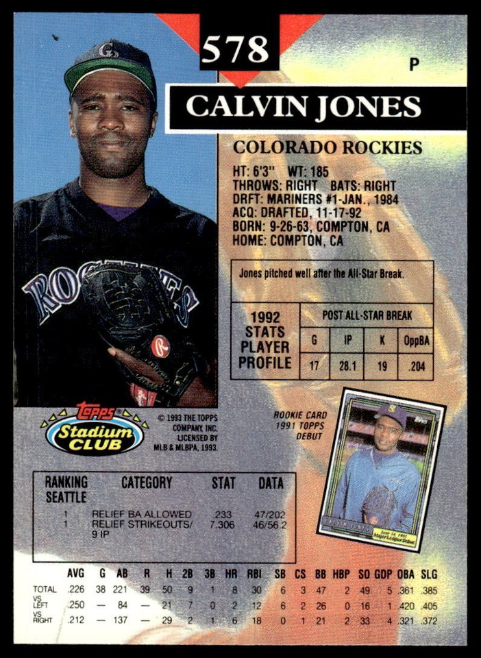 1993 Topps Stadium Club 578 Calvin Jones Colorado Rockies Baseball Card ...