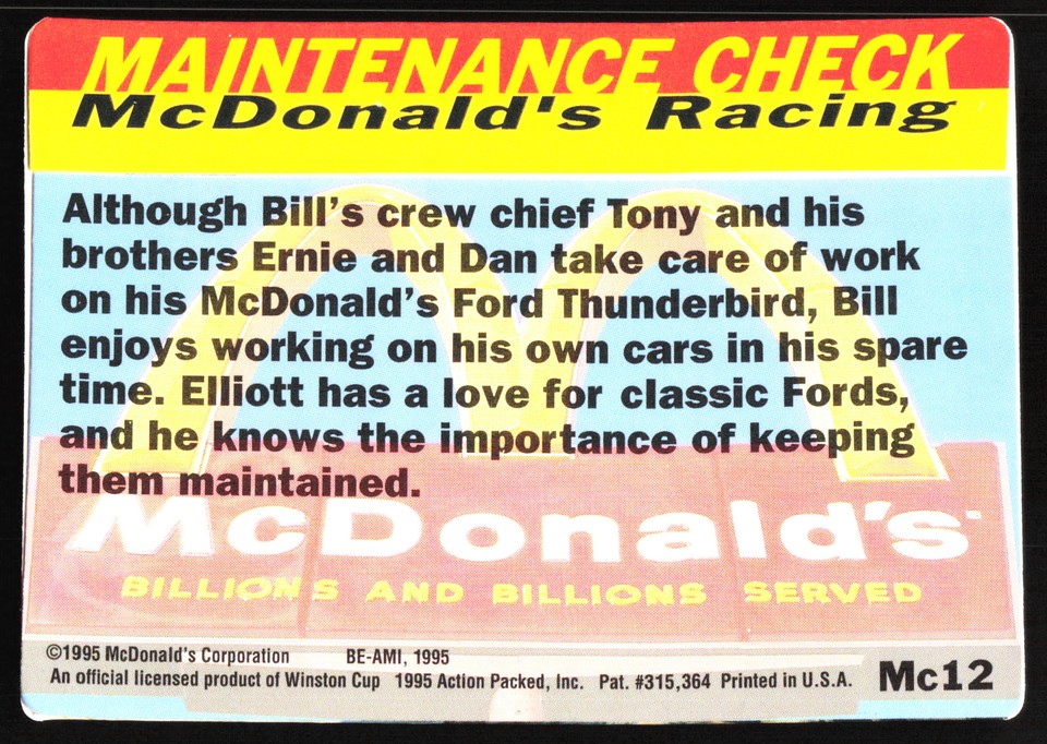 1995 Action Packed McDonalds Bill Elliott #Mc12 Maintenance Check ...