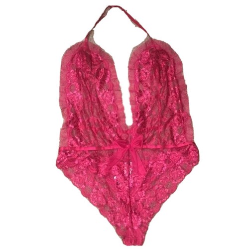 Adore Me Sierra Mesh Ruffle & Bow Floral Lace Sheer Teddy Raspberry ...