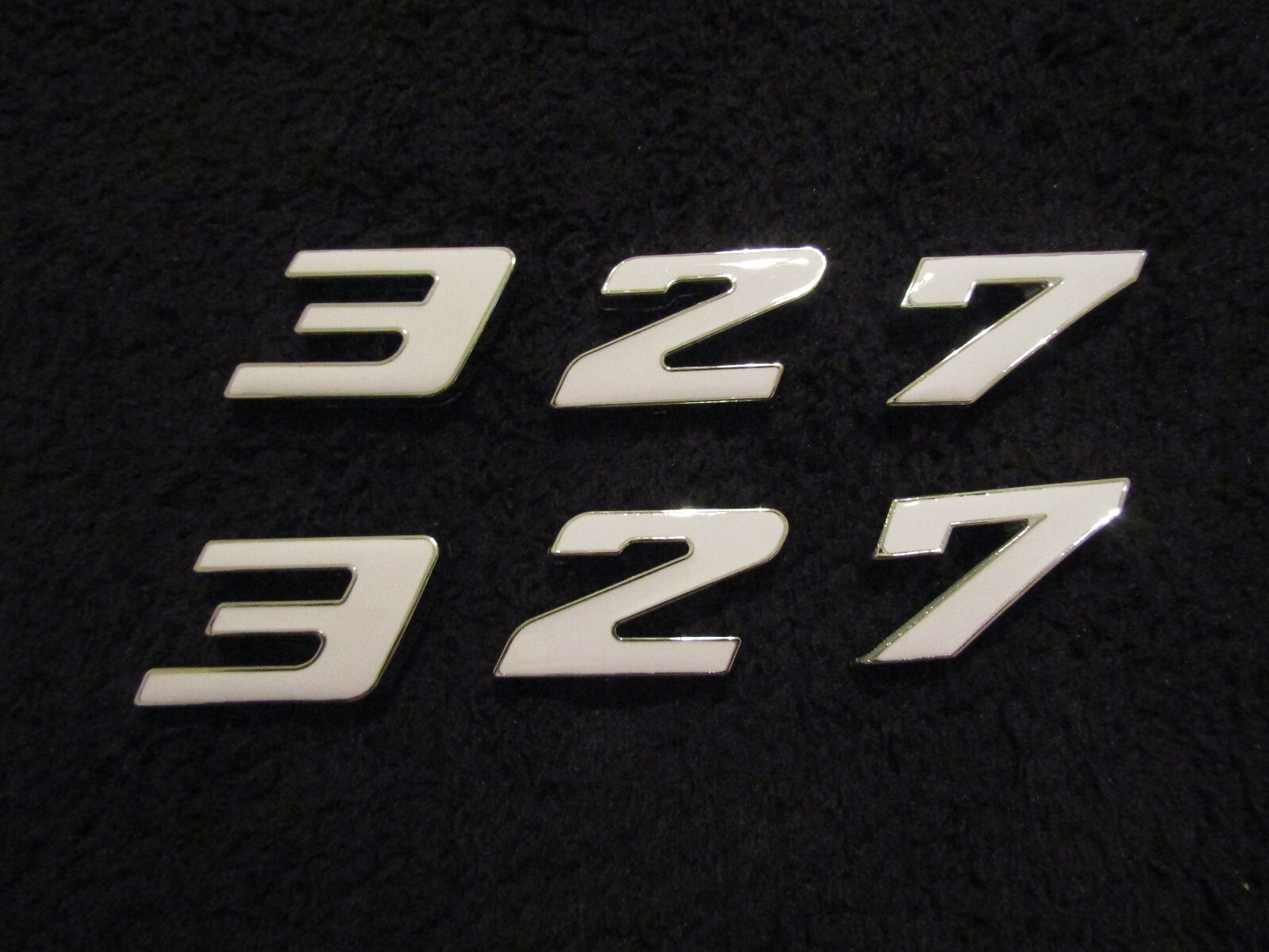 CHEVROLET 327 ENGINE ID FENDER HOOD SCOOP QUARTER TRUNK EMBLEMS - WHITE ...