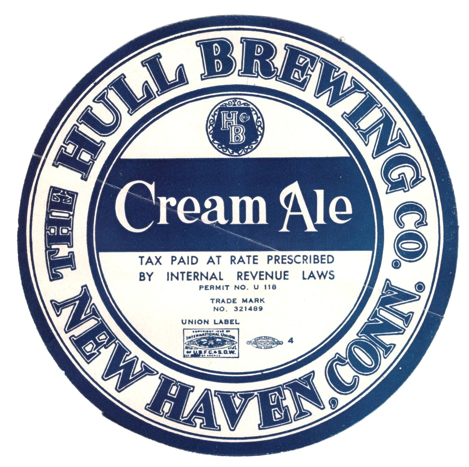 Hull's Cream Ale Keg/Case Beer Label, U-Permit, IRTP, Hull Brewing, New ...