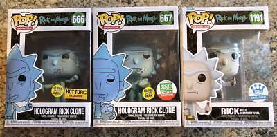 Funko Pops! Hologram Rick Clone #666 + #667 +1191 GITD Exclusives 3 Pop ...