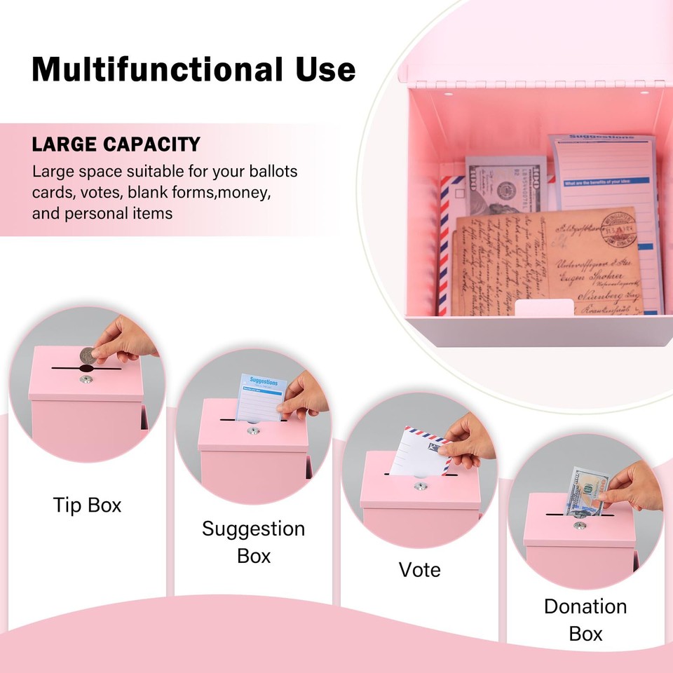 Pink Locking Suggestion Box With Key Metal Ballot Drop Box For Office 8 ...