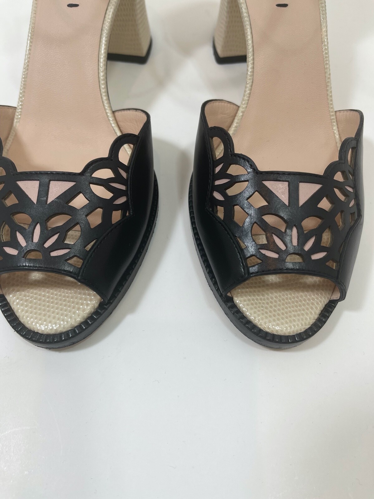 Fendi Laser Cut Leather Block Heel Ankle Strap Sandal… - Gem