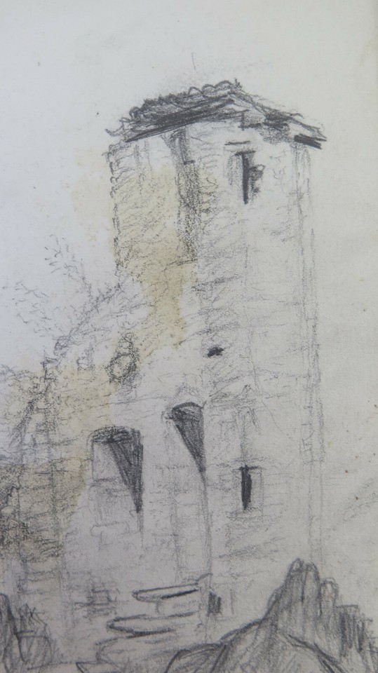 Ancient Pencil Drawing on Paper View of a Ruined Castle Landscape BM53 ...