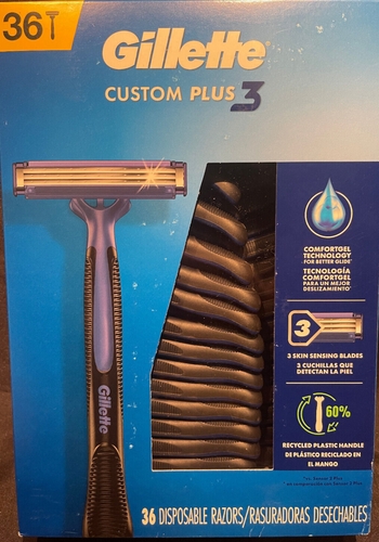 36 Gillete Custom Plus 3 Disposable Razor Triple Blades Comfort Gel ...