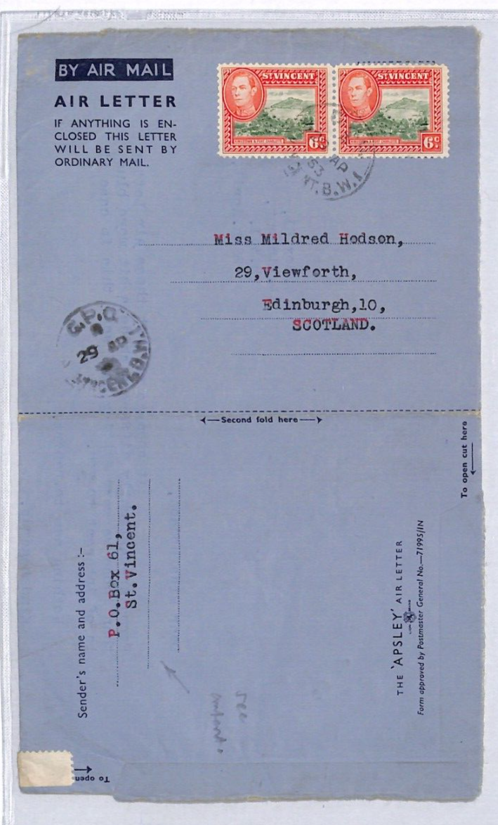 ST VINCENT KGVI AIR LETTER 6c Pair GB Scotland Edinburgh 1953 Airmail ...