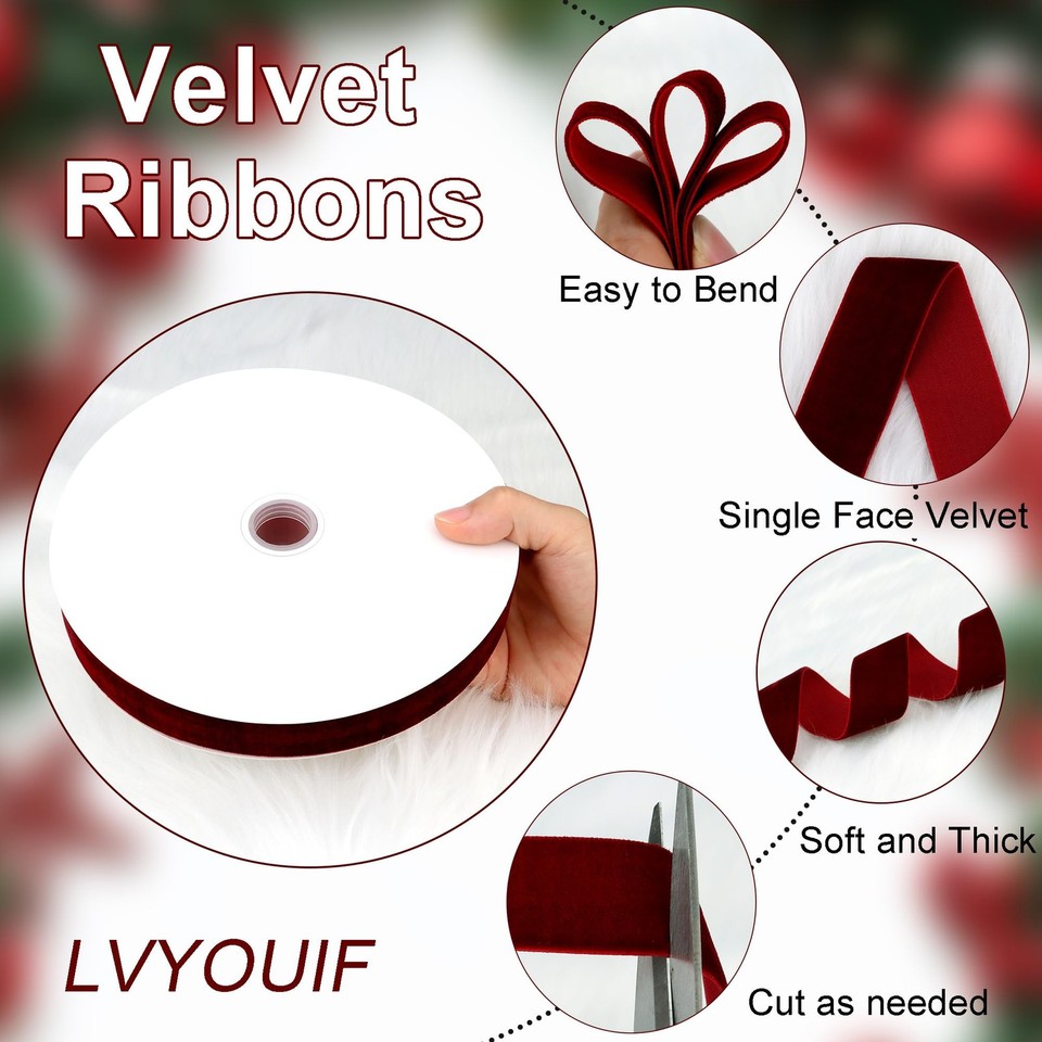 1 Inch Velvet Ribbon 30 Yards Single Side Flocked Christmas Ribbon Roll ...
